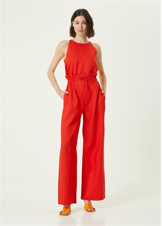 Selma Çilek Kadın Kırmızı Beli Bağcıklı Bol Paça Keten Pantolon S Eu Selma Çilek Kadın Kırmızı Beli Bağcıklı Bol Paça Keten Pantolon S Eu