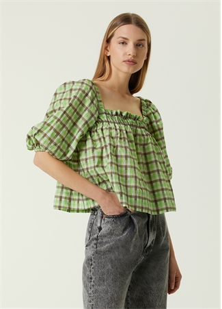 Ganni Kadın Yeşil Kare Yaka Ekoseli Bluz Siyah 34 FR