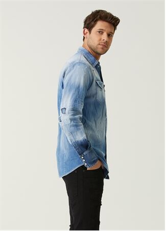Dsquared2 Erkek Yıpratma Detaylı Jean Gömlek Mavi 48 IT