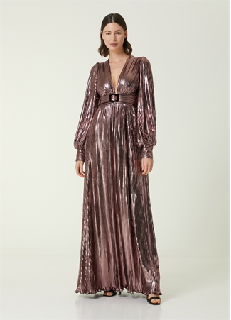 Nur Karaata Kadın Metalik Pembe Pilili Balon Kol Maksi Abiye Elbise S EU