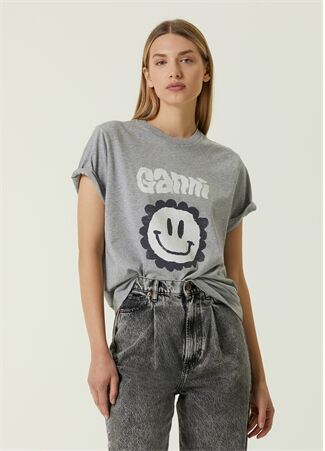 Ganni Kadın Gri Bisiklet Yaka Logolu T-shirt S EU