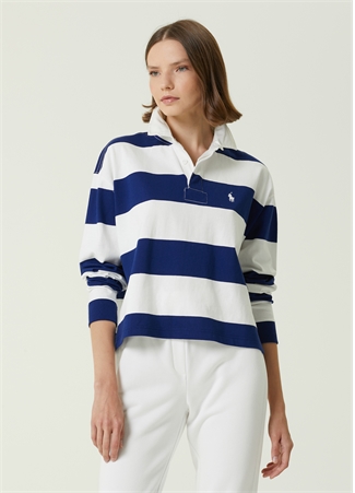 Polo Ralph Lauren Kadın Lacivert Beyaz Yaka Çizgili Uzun Kol T-shirt S Eu
