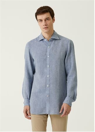 Isaia Erkek Mavi İtalyan Yaka Keten Gömlek 42 IT