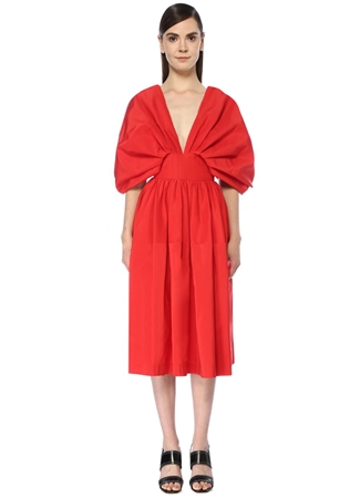 Alexander McQueen Kadın Kırmızı V Yaka Drape Detaylı Midi Elbise 40 IT