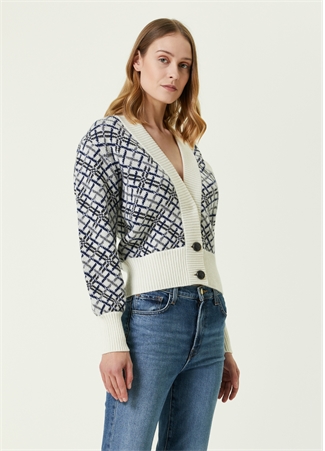 Kadın Ekru Lacivert V Yaka Jakarlı Yün Hırka L EU