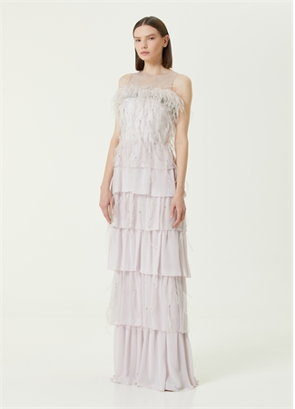 Dilek Hanif Kadın Altın Rengi İşleme Detaylı Maksi Şifon Abiye Elbise Pembe 36 EU