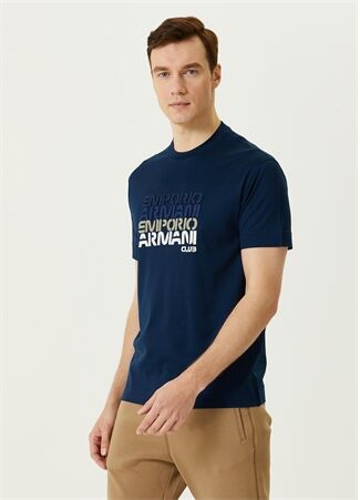 Emporio Armani Erkek Mavi Kabartmalı Logo Detaylı T-shirt S EU
