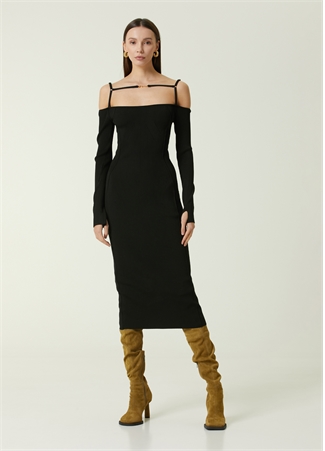 Jacquemus Kadın Siyah Düşük Omuzlu Bant Detaylı Midi Elbise 40 FR