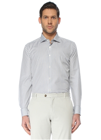Pal Zileri Erkek Gri İngiliz Yaka Çizgili Gömlek 40 IT