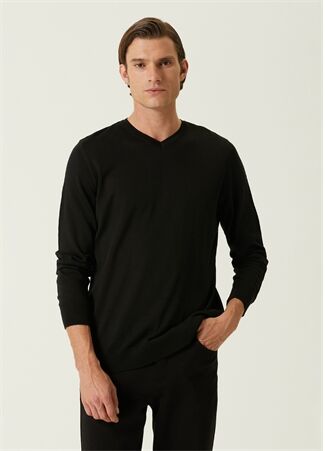 Network Erkek Slim Fit Siyah V Yaka Yün Kazak S EU