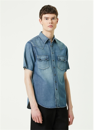 Erkek Mavi Kısa Kollu Denim Gömlek L EU Erkek Mavi Kısa Kollu Denim Gömlek L EU