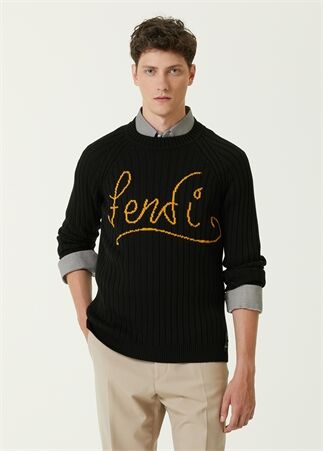 Fendi Erkek Siyah Sarı Logo Detaylı Yün Kazak 52 IT