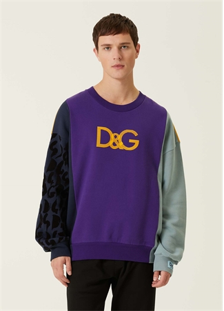 Dolce&Gabbana Erkek Colorblocked Logolu Etnik Desenli Sweatshirt Mor M EU
