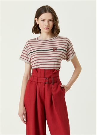 Brunello Cucinelli Kadın Kırmızı Çizgili Yün T-shirt M Eu