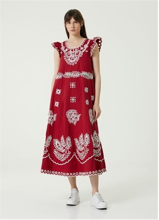 Red Valentino Kadın Kırmızı Kesim Detaylı Midi Elbise 40 IT