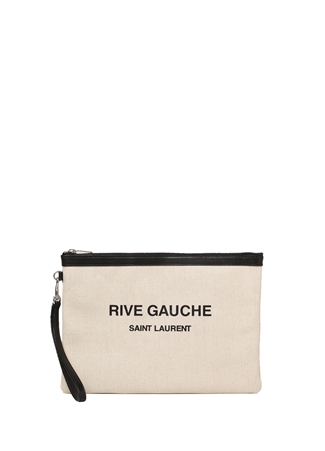 Kadın Bej Siyah Logolu Keten El Portföyü Eu