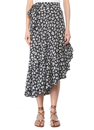 Polo Ralph Lauren Kadın Lacivert Çiçekli Asimetrik Midi Etek Bej 6 US