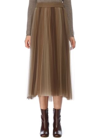 Brunello Cucinelli Kadın Kahverengi Yüksek Bel Pilili Midi Tül Etek 38 IT