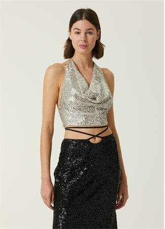 In the Mood for Love Kadın Maxime Silver İşlemeli Crop Abiye Bluz Bej S EU