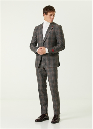 Isaia Erkek Gri Turuncu Ekose Desenli Yün Takım Elbise 50 IT