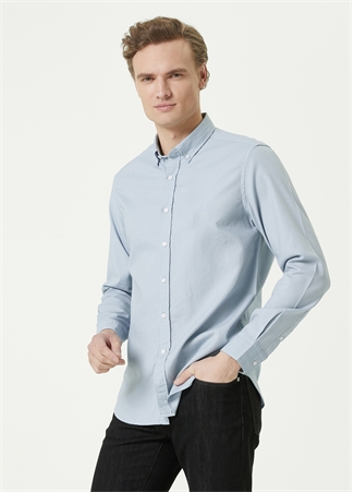 Beymen Club Erkek Slim Fit Mavi Düğmeli Yaka Çizgili Gömlek S EU