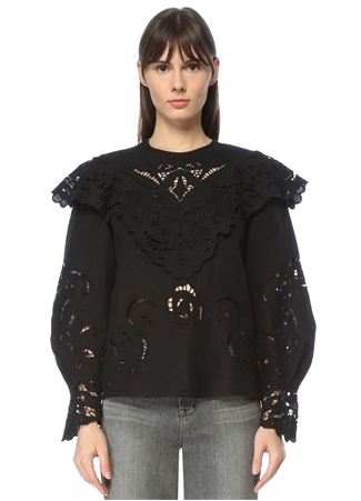 Isabel Marant Kadın Siyah Dantel İşlemeli Ajurlu Keten Bluz 38 FR