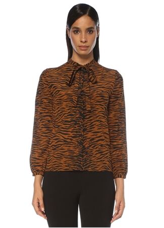 Kadın Yakası Bağcıklı Kaplan Desenli İpek Gömlek Kahverengi 36 IT