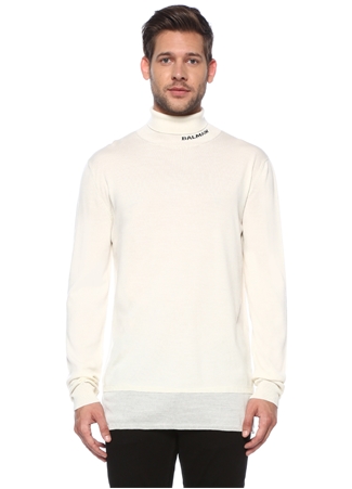 Balmain Erkek Ekru Balıkçı Yaka Logo Jakarlı Yün Kazak Bej M EU