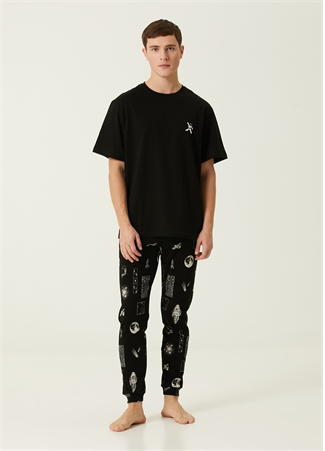 John Frank Erkek Siyah Figür Desenli Pijama Seti S EU