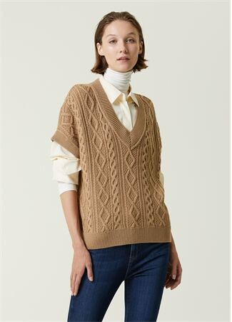 Beymen Collection Kadın Bej V Yaka Saç Örgü Dokulu Süveter S