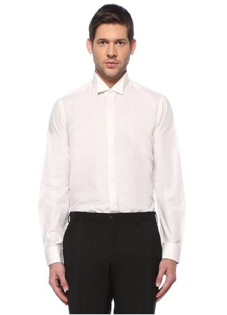 Pal Zileri Erkek Beyaz Ata Yaka Dokulu Gömlek Kahverengi 4 IT