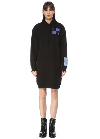MCQ Kadın Siyah Kapüşonlu Baskılı Mini Sweatshirt Elbise XS EU