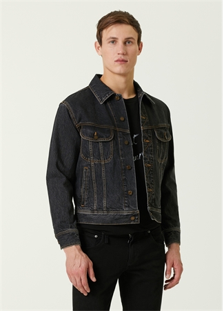 Erkek Siyah Kontrast Dikişli Denim Ceket L EU