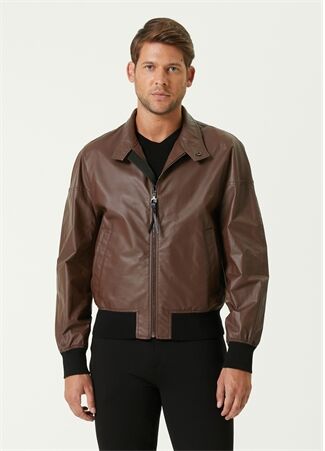Salvatore Ferragamo Erkek Kahverengi Yakası Çıtçıtlı Deri Mont 48 IT