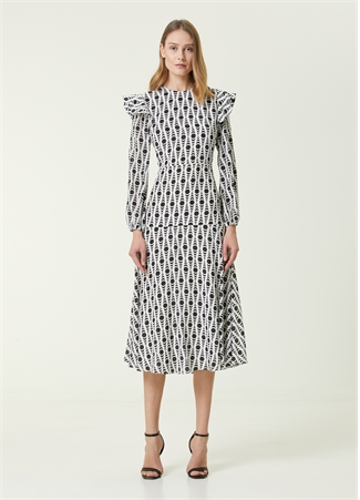 Mergim Kadın Sierra Siyah Beyaz Desenli Midi İpek Elbise 2 EU