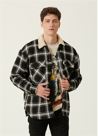 Represent Erkek Siyah Shearling Yaka Kareli Dış Gömlek L EU Represent Erkek Siyah Shearling Yaka Kareli Dış Gömlek L EU