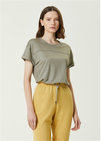 Brunello Cucinelli Kadın Haki Bisiklet Yaka Zincir Şeritli Keten T-shirt S EU