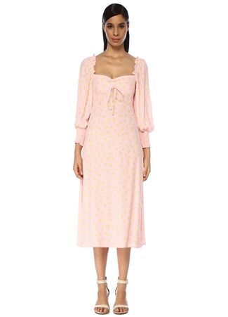 Faithfull The Brand Kadın Mathilde Pembe Kalp Yaka Çiçekli Midi Elbise XS EU