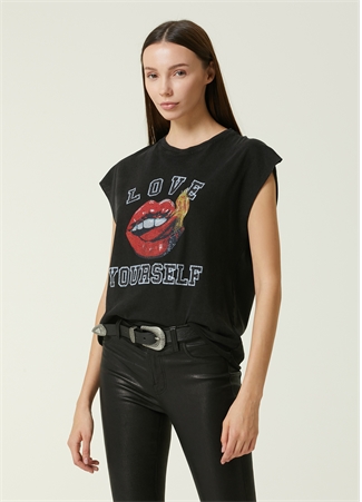 Zadig&Voltaire Kadın Cecilia Mouth Siyah Bisiklet Yaka T-shirt M EU