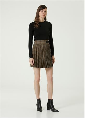 Helmut Lang Kadın Kahverengi Desenli Pilili Mini Etek 0 US