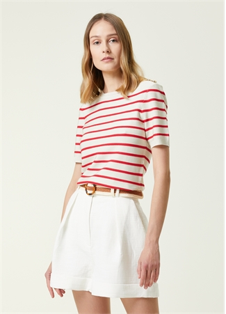 Zimmermann Kadın Kırmızı Beyaz Çizgili Omzu Düğmeli T-shirt 2 US