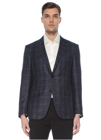 Zegna Erkek Lacivert Ekose Desenli Kelebek Yaka Yün Ceket 58 IT