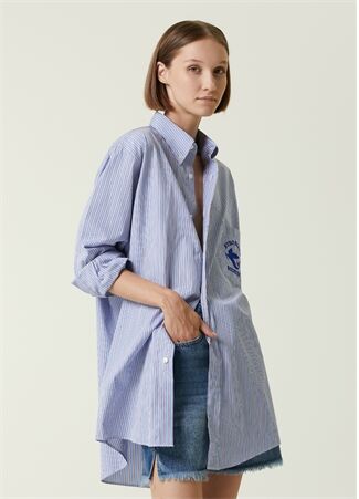 Etro Kadın Mavi Beyaz Çizgi Desenli Gömlek L EU