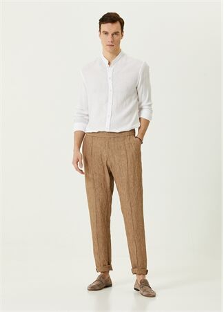 Emporio Armani Erkek Bej Dekoratif Dikişli Keten Pantolon 54 IT