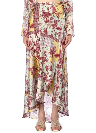 Alexis Kadın Elore Pembe Sarı Çiçekli Yırtmaçlı Midi Abiye Etek L EU