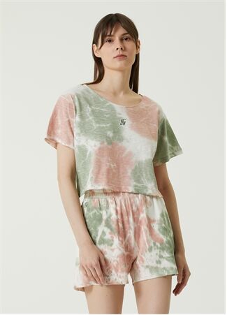 Bassigue Kadın Yeşil Kayık Yaka Batik Desenli Crop T-shirt Kahverengi XS EU