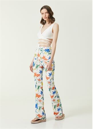 Les Benjamins Kadın Beyaz Çiçekli Büzgü Detaylı Pantolon L Eu