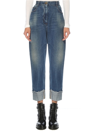Balmain Kadın Yüksek Bel Boru Paça Crop Jean Pantolon Mavi 42 FR