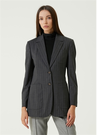Brunello Cucinelli Kadın Gri Kelebek Yaka Çizgili Yün Ceket 36 IT Brunello Cucinelli Kadın Gri Kelebek Yaka Çizgili Yün Ceket 36 IT