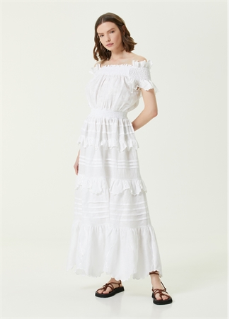 Gül Hürgel Kadın Beyaz Düşük Omuzlu Fırfırlı Maksi Keten Elbise S EU